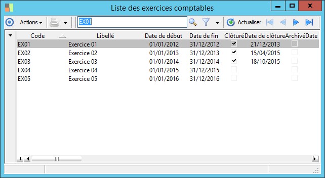 Liste des exercices comptables